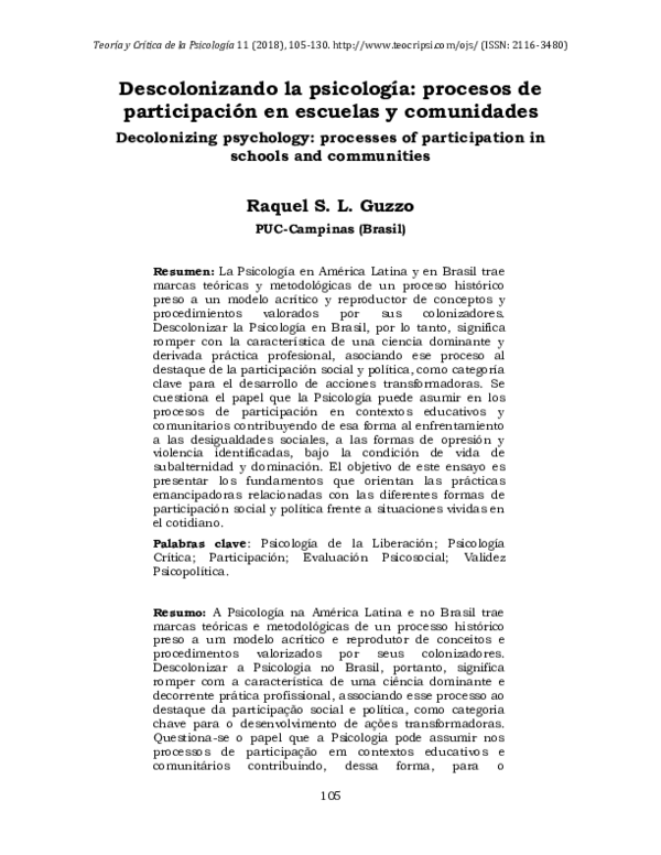 (PDF) Descolonizando la psicología: procesos de participación en escuelas y comunidades