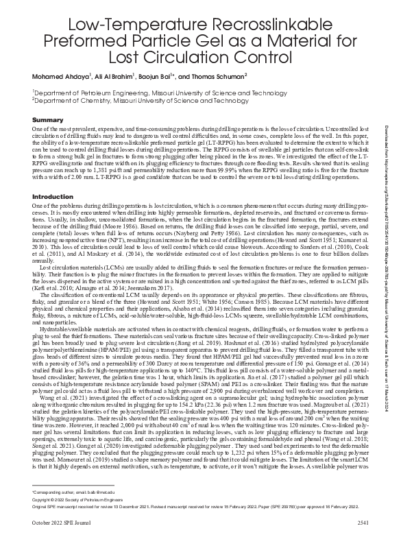 Low-Temperature Recrosslinkable Preformed Particle Gel as a Material for Lost Circulation Control