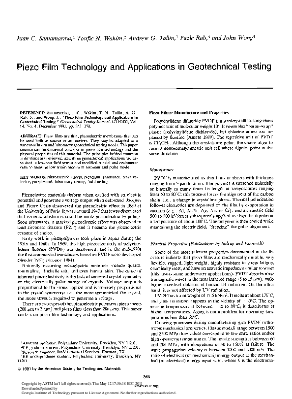 (PDF) Piezo Film Technology and Applications in Geotechnical Testing