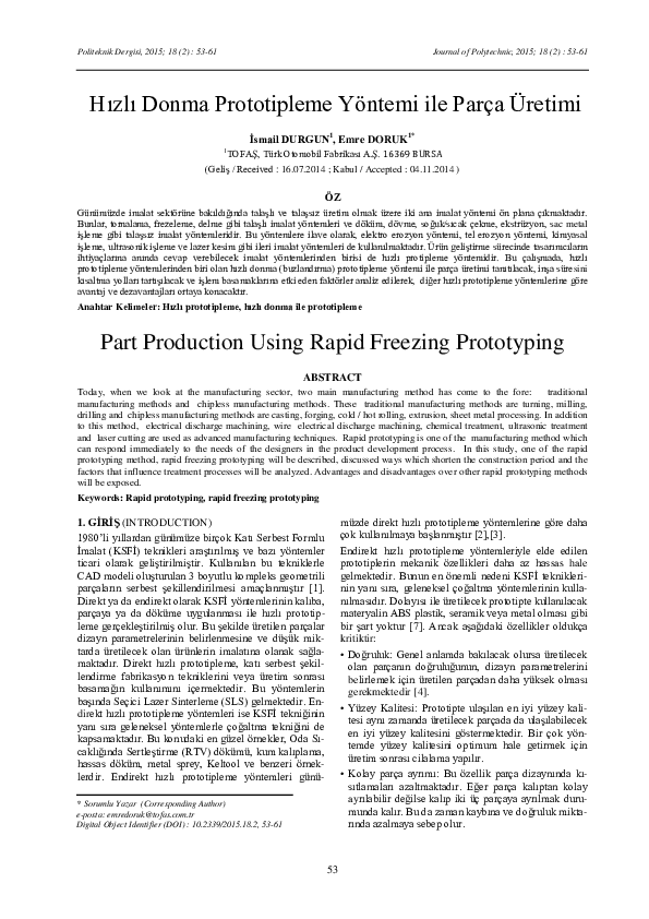 (PDF) Hızlı Donma Prototipleme Yöntemi ile Parça Üretimi | ISMAIL ...