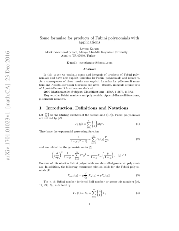 (PDF) Some formulae for products of Fubini polynomials with applications
