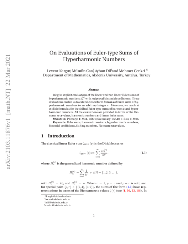 (PDF) On Evaluations of Euler-type Sums of Hyperharmonic Numbers