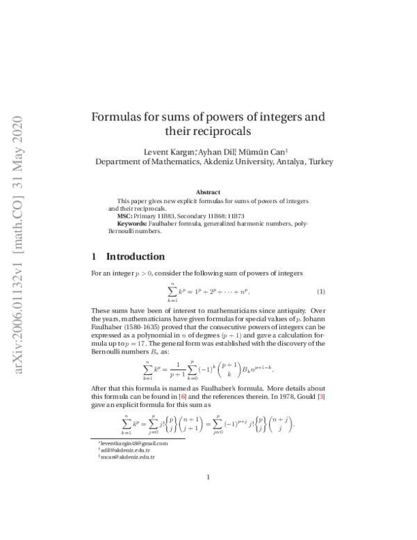 (PDF) Formulas for sums of powers of integers and their reciprocals