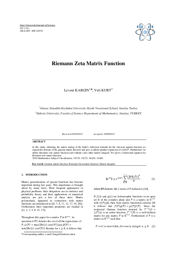 (PDF) Riemann Zeta Matrix Function