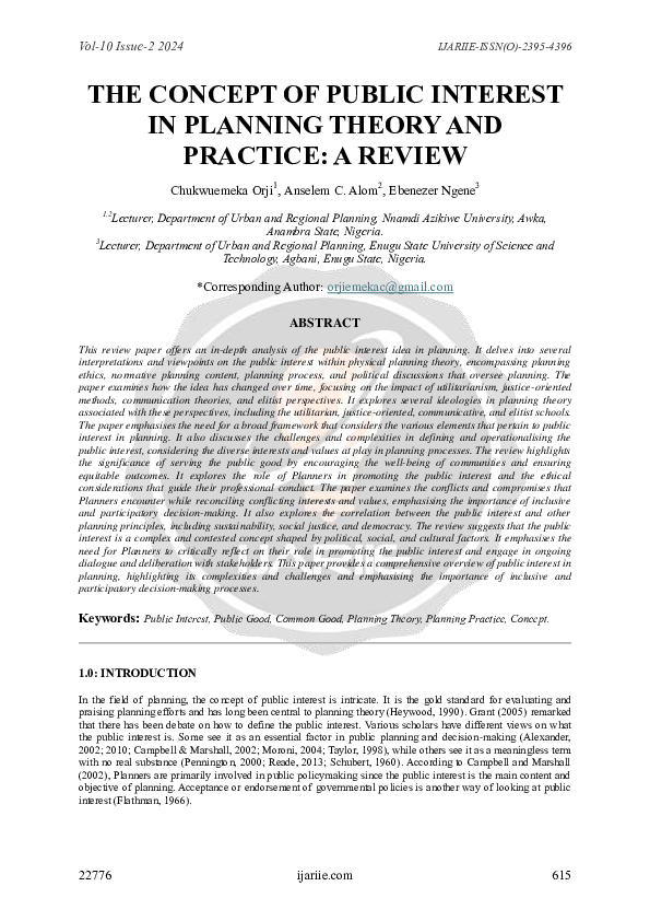 (PDF) The Concept of Public Interest in Planning Theory and Practice: A ...