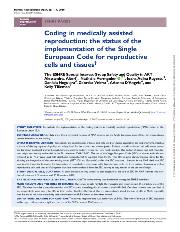 (PDF) Coding in medically assisted reproduction: the status of the ...