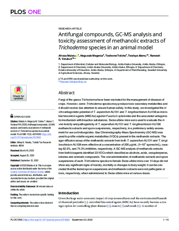 (PDF) Antifungal compounds, GC-MS analysis and toxicity assessment of methanolic extracts of ...