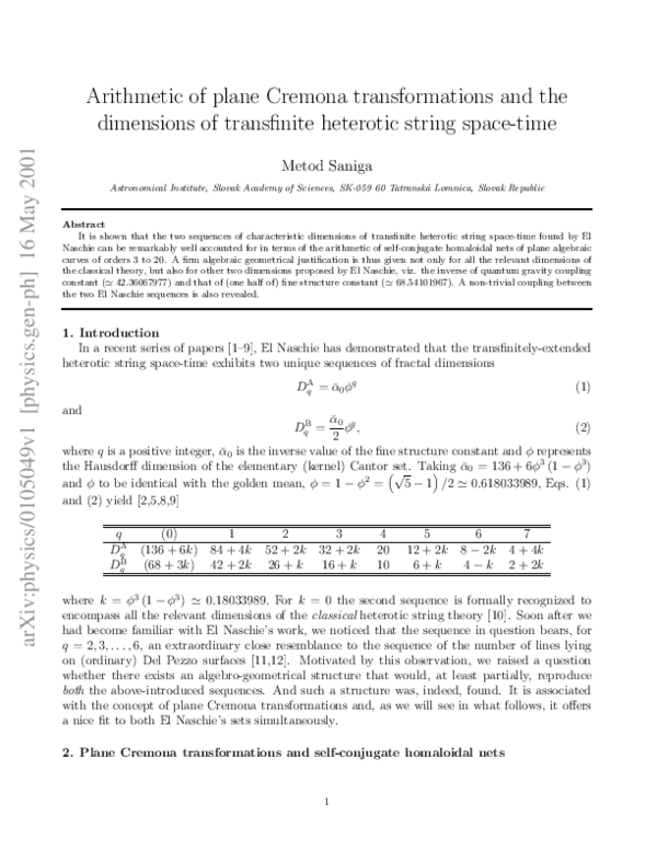 (PDF) Arithmetic of plane Cremona transformations and the dimensions of transfinite heterotic ...