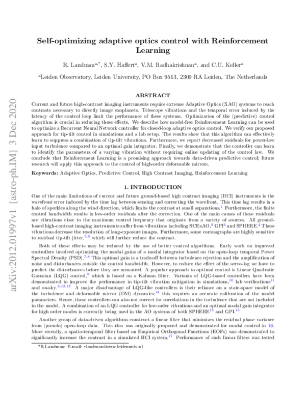(PDF) Self-optimizing adaptive optics control with Reinforcement Learning