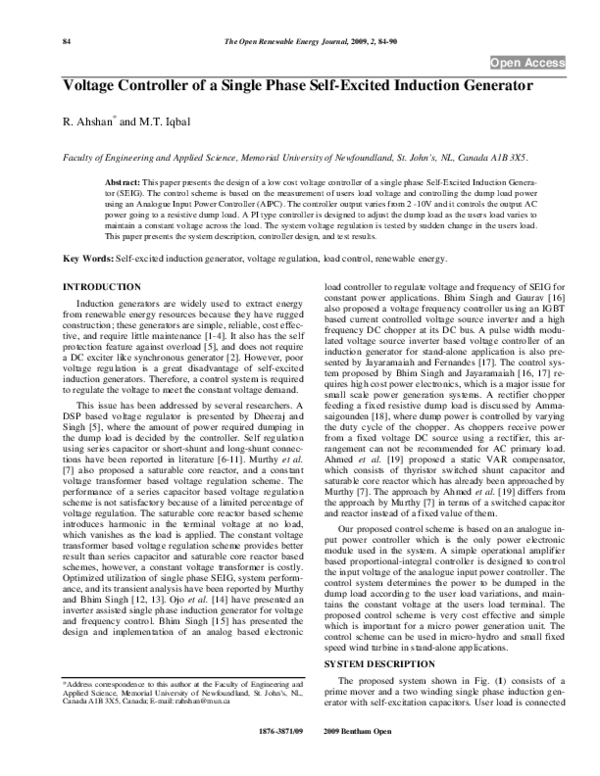 (PDF) Voltage Controller of a Single Phase Self-Excited Induction Generator