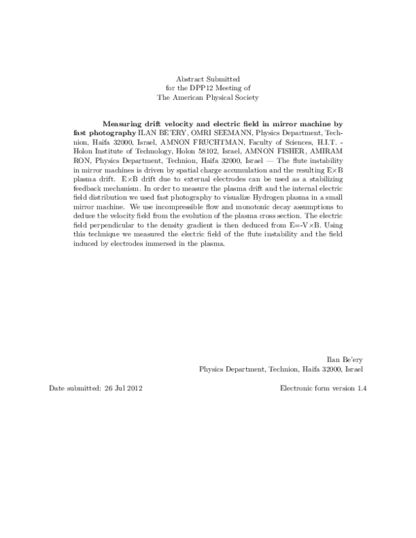 (PDF) Measuring drift velocity and electric field in mirror machine by ...