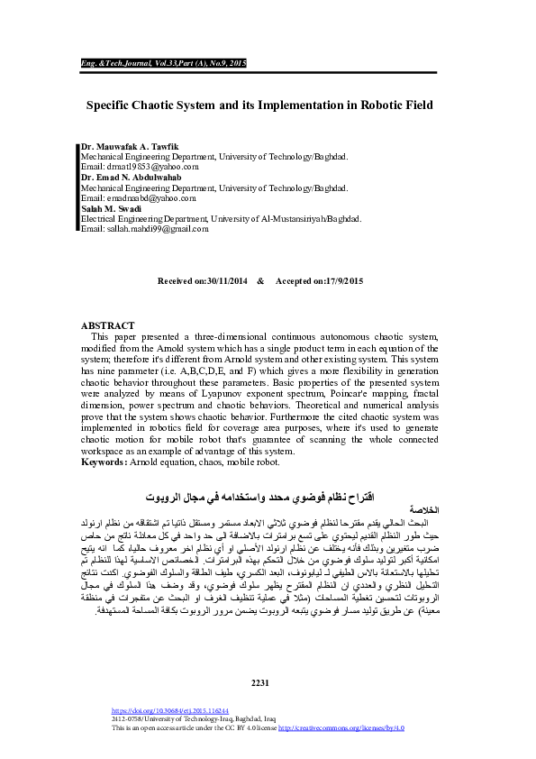 (PDF) Specific Chaotic System and its Implementation in Robotic Field