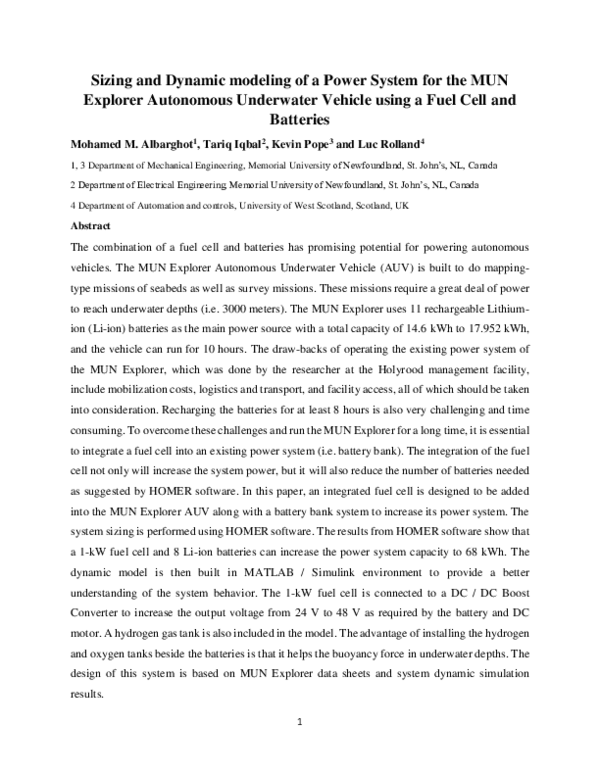 (PDF) Sizing and Dynamic modeling of a Power System for the MUN Explorer Autonomous Underwater ...