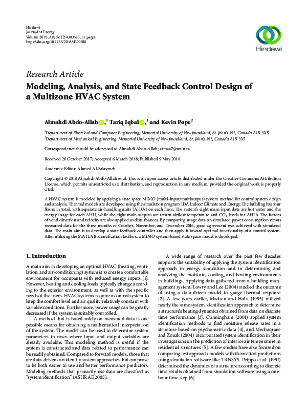 (PDF) Modeling, Analysis, and State Feedback Control Design of a Multizone HVAC System