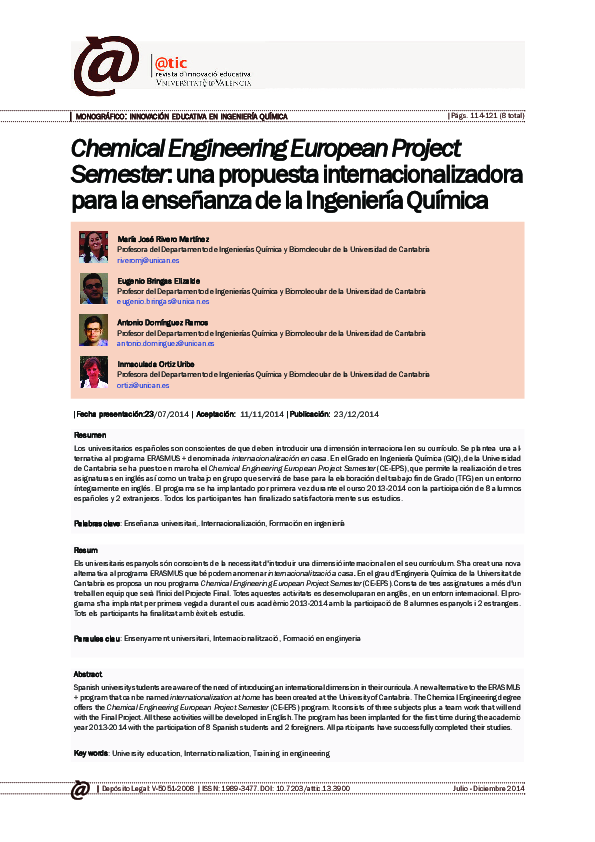 (PDF) Chemical Engineering European Project Semester: an international ...
