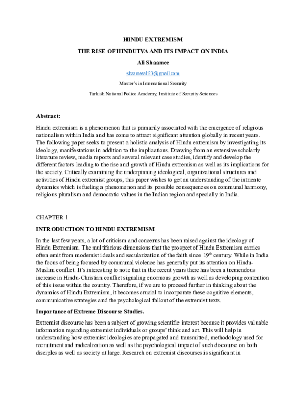 (PDF) HINDU EXTREMISM THE RISE OF HINDUTVA AND ITS IMPACT ON INDIA
