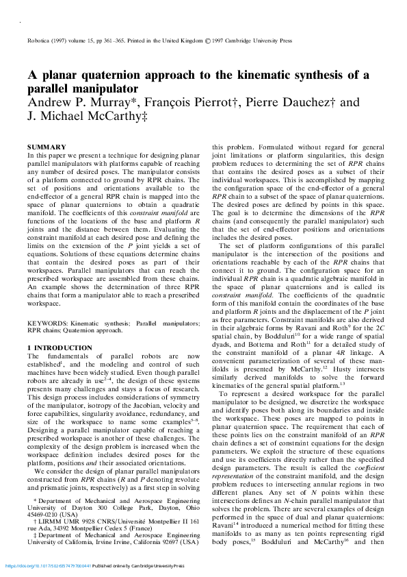 (PDF) A planar quaternion approach to the kinematic synthesis of a parallel manipulator