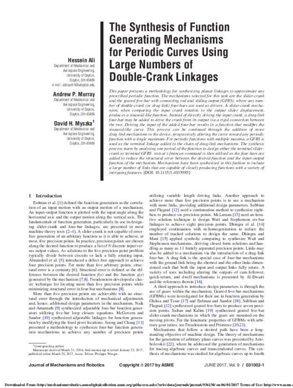 (PDF) The Synthesis of Function Generating Mechanisms for Periodic Curves Using Large Numbers of ...