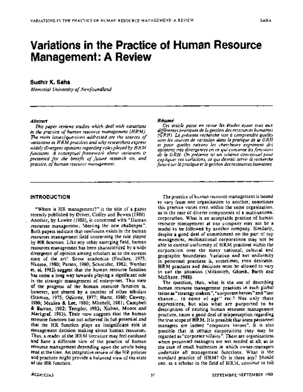 (PDF) Variations in the Practice of Human Resource Management: A Review