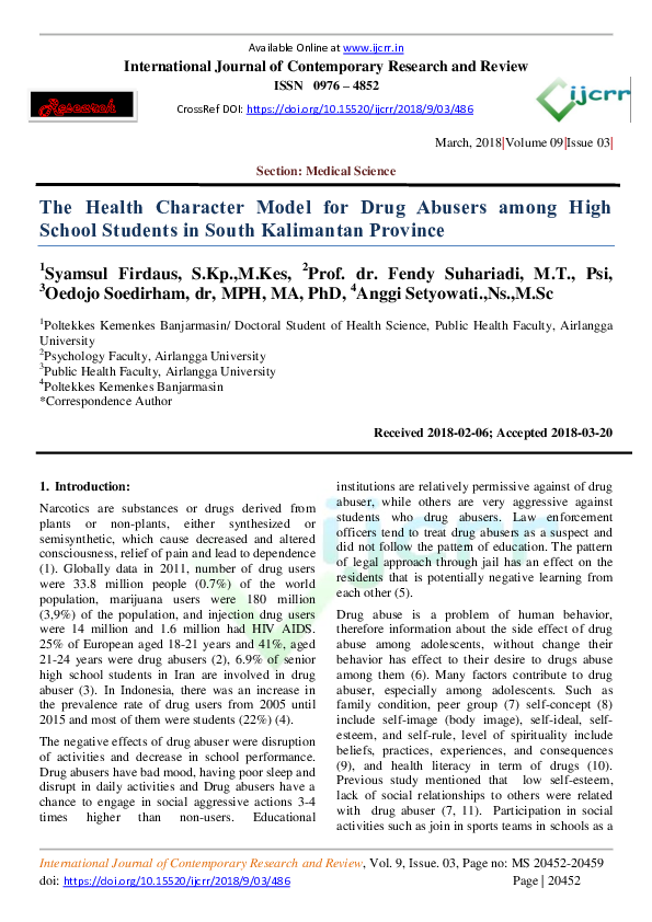 (PDF) The Health Character Model for Drug Abusers among High School ...