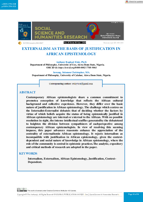 (PDF) EXTERNALISM AS THE BASIS OF JUSTIFICATION IN AFRICAN EPISTEMOLOGY