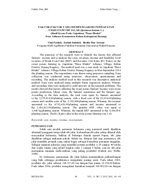 (PDF) FAKTOR-FAKTOR YANG MEMPENGARUHI PENDAPATAN USAHATANI UBI JALAR (Ipomoea batatas L.) (Studi ...