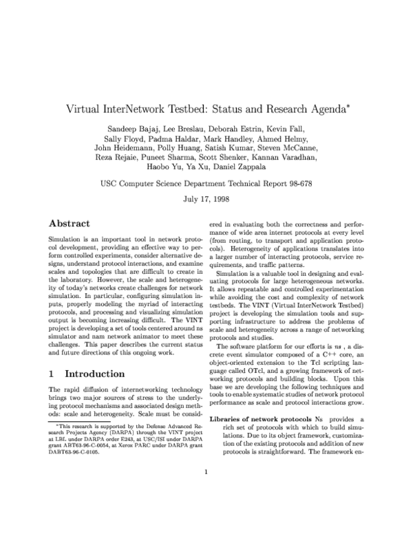 (PDF) Virtual internetwork testbed: Status and research agenda
