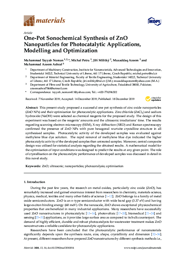 (PDF) One-Pot Sonochemical Synthesis of ZnO Nanoparticles for ...