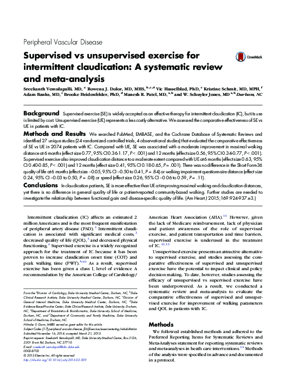 (PDF) Supervised vs unsupervised exercise for intermittent claudication: A systematic review and ...