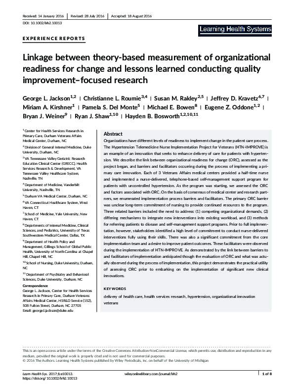(PDF) Linkage between theory‐based measurement of organizational readiness for change and ...