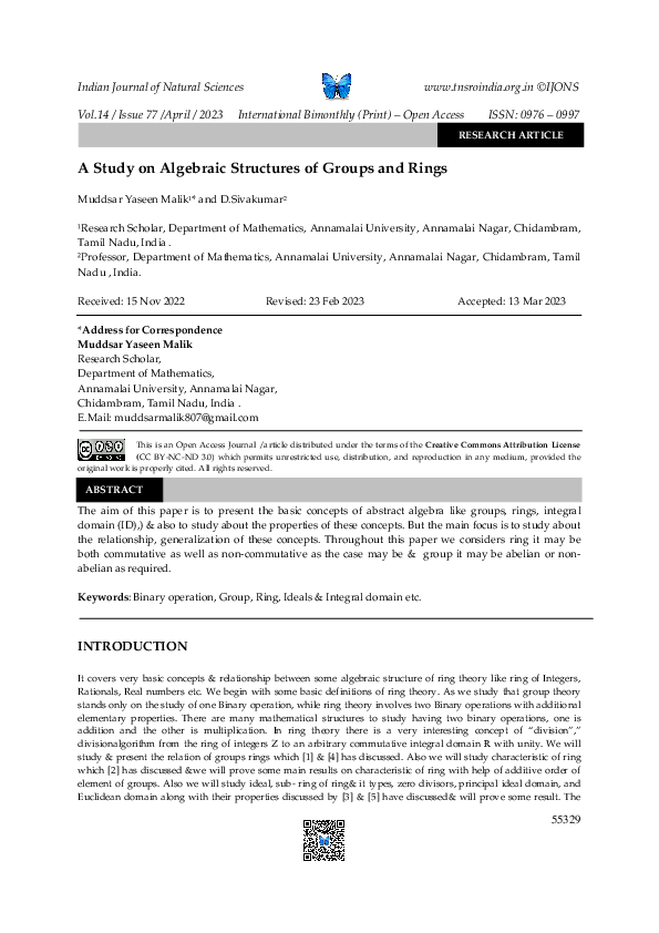 (PDF) A Study on Algebraic Structures of Groups and Rings