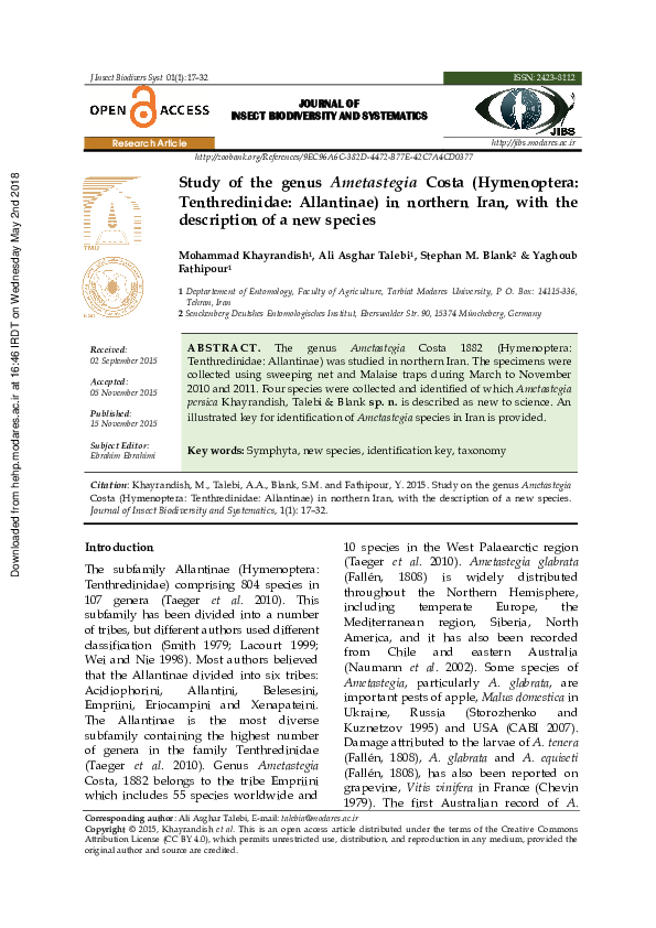 (PDF) JOURNAL OF INSECT BIODIVERSITY AND SYSTEMATICS Study of the genus ...