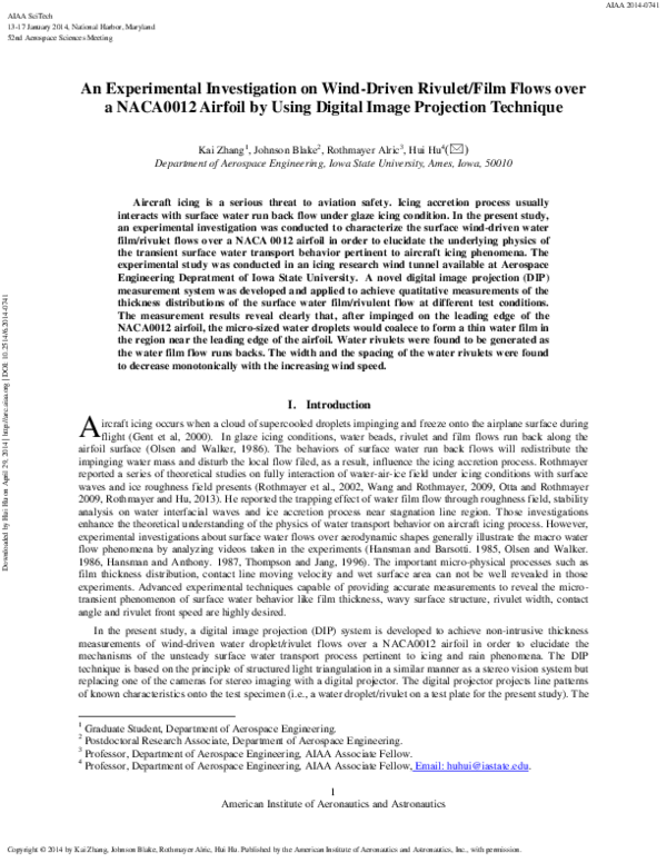 (PDF) An Experimental Investigation on Wind-Driven Rivulet/Film Flows over a NACA0012 Airfoil by ...