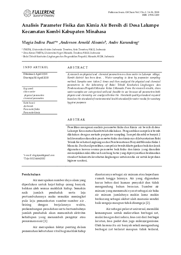 (PDF) Analisis Parameter Fisika dan Kimia Air Bersih di Desa Lalumpe Kecamatan Kombi Kabupaten ...