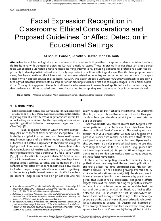 (PDF) Facial Expression Recognition in Classrooms: Ethical Considerations and Proposed ...