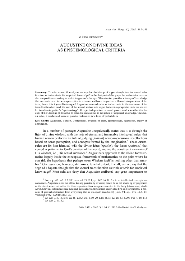 (PDF) Augustine on Divine Ideas as Epistemological Criteria