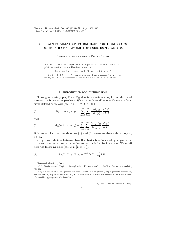 (PDF) Certain Summation Formulas for Humbert's Double Hypergeometric Series Ψ2AND Φ2