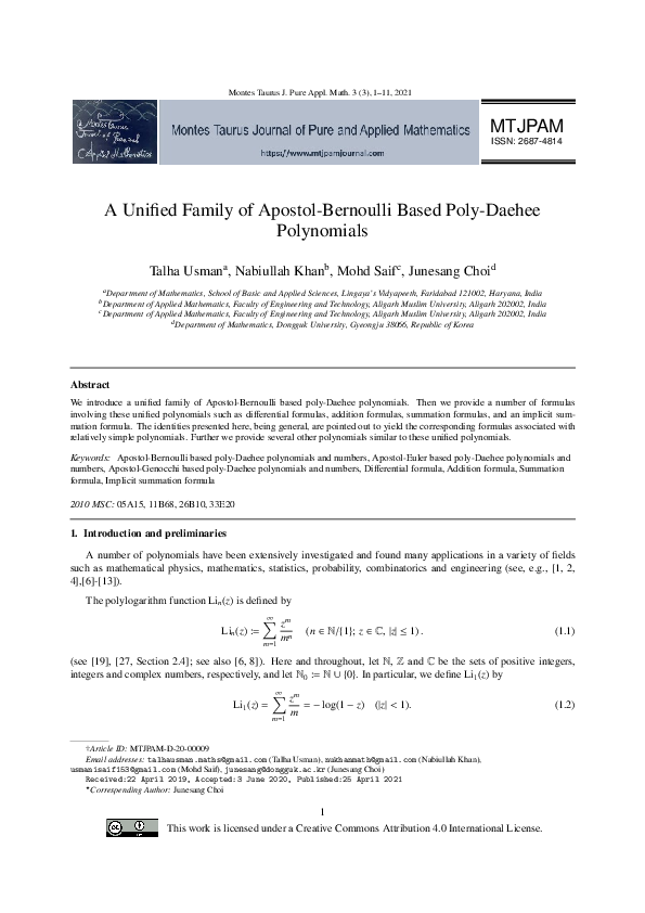 (PDF) A Unified Family of Apostol-Bernoulli Based Poly-Daehee Polynomials | Junesang Choi ...