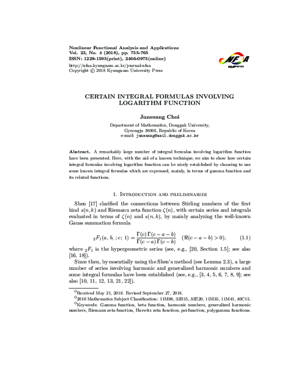 (PDF) Certain Integral Formulas Involving Logarithm Function