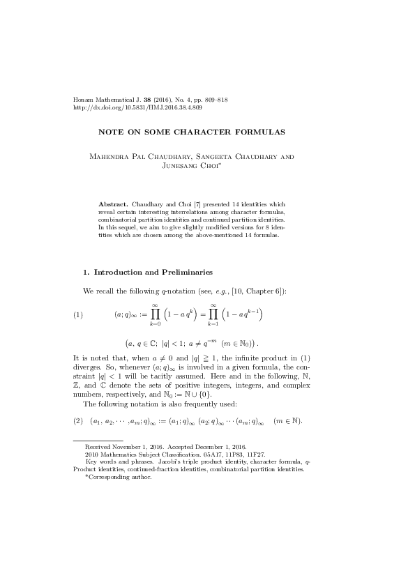 (PDF) Note on Some Character Formulas