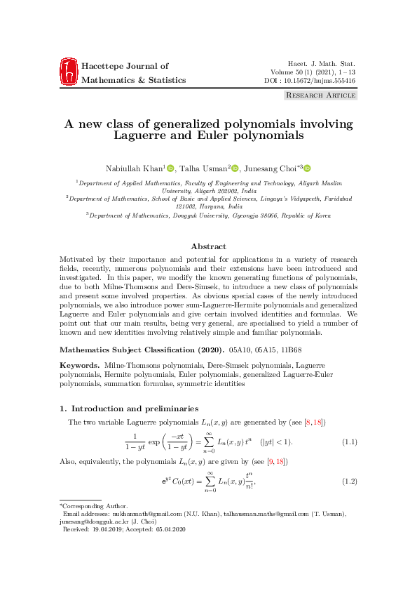 (PDF) A new class of generalized polynomials involving Laguerre and Euler polynomials