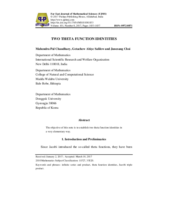 (PDF) Two Theta Function Identities