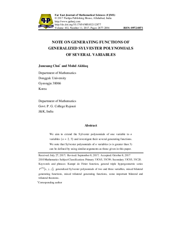 (PDF) Note on Generating Functions of Generalized Sylvester Polynomials of Several Variables