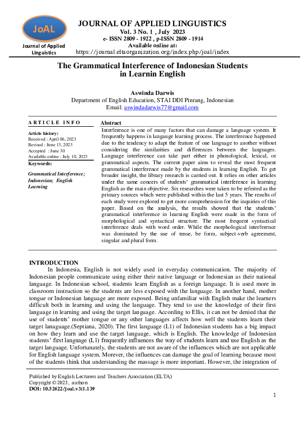 (PDF) The Grammatical Interference of Indonesian Students in Learning ...