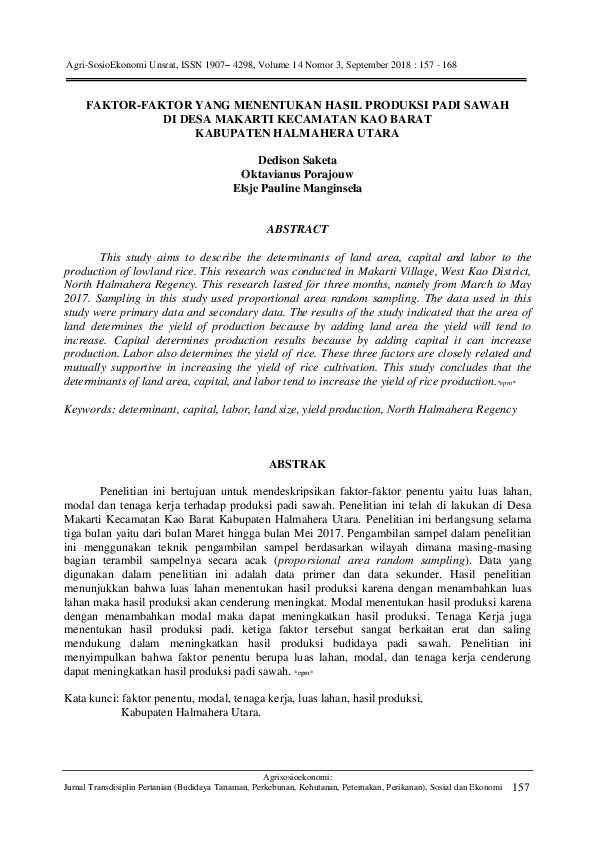 (PDF) Faktor-Faktor Yang Menentukan Hasil Produksi Padi Sawah DI Desa Makarti Kecamatan Kao ...