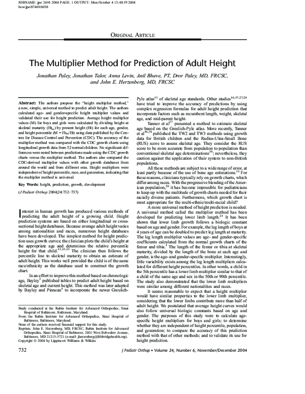 (PDF) The Multiplier Method for Prediction of Adult Height