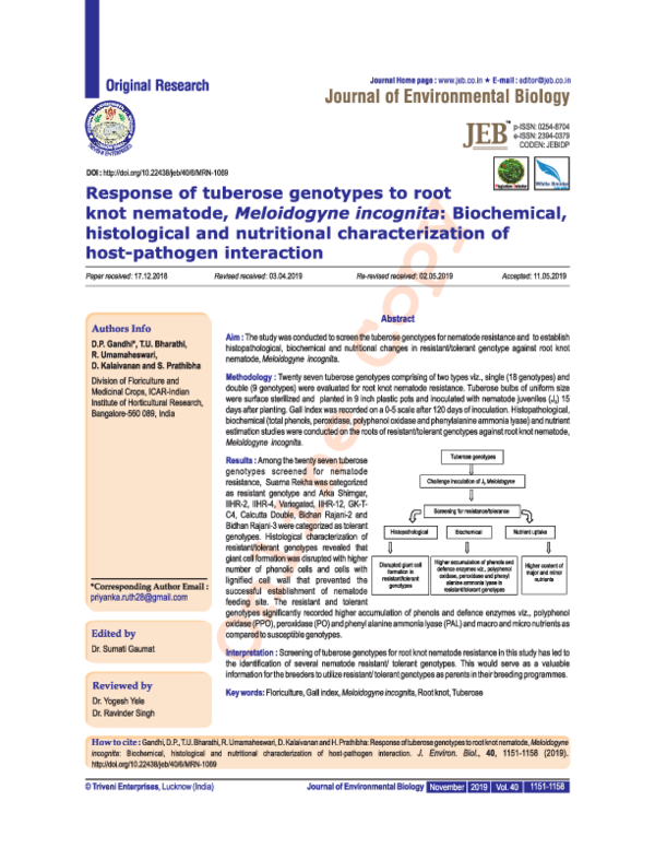 (PDF) Response of tuberose genotypes to root knot nematode, Meloidogyne ...