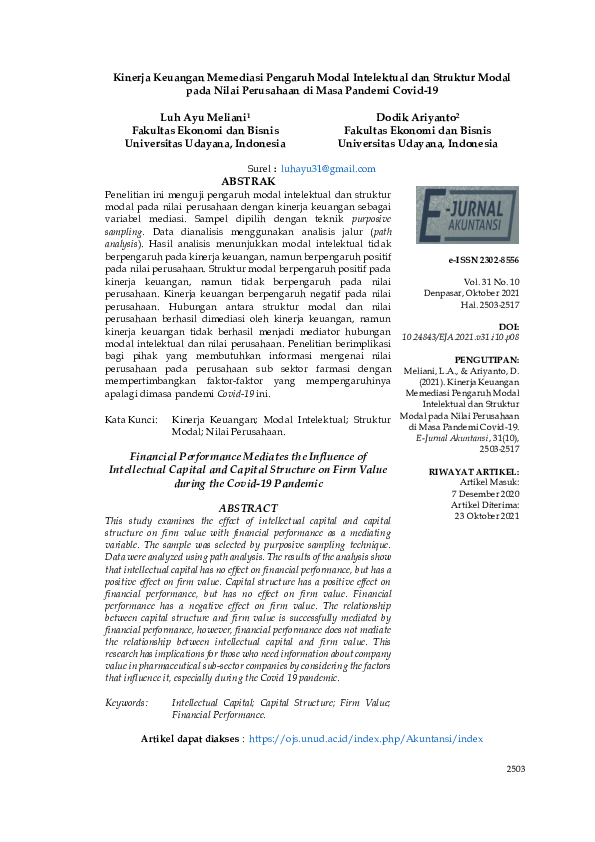 (PDF) Kinerja Keuangan Memediasi Pengaruh Modal Intelektual dan Struktur Modal pada Nilai ...