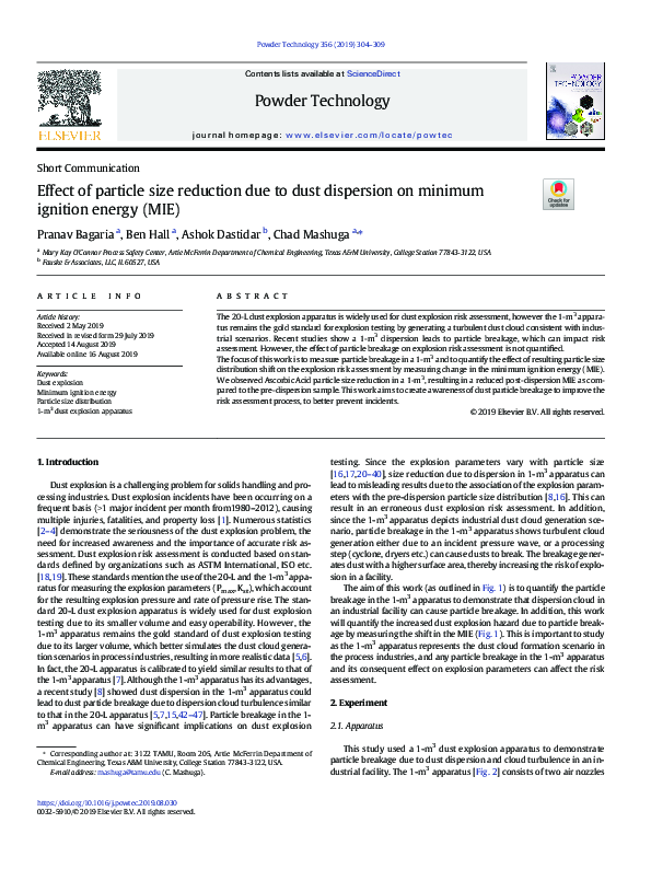 (PDF) Effect of particle size reduction due to dust dispersion on minimum ignition energy (MIE)