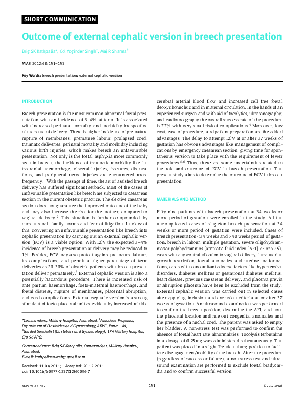 (PDF) Outcome of external cephalic version in breech presentation